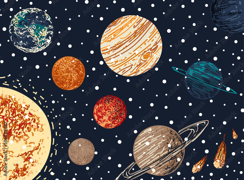 Vector postcard in hand-drawn style with outer space. Cute template ...