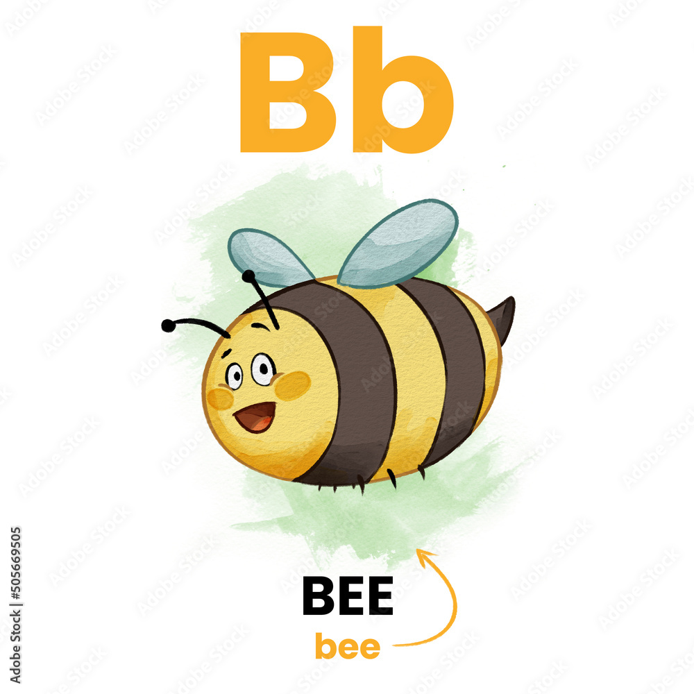 B letter animal flashcard, Bee character illustration for children ...