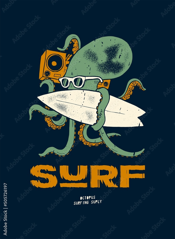 Стоковий вектор Octopus surfing. Octopus character in sunglasses with ...