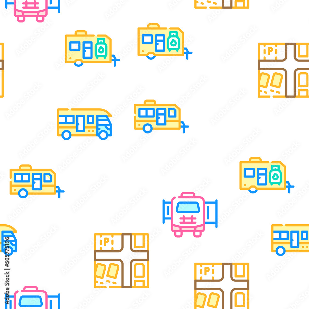 Modular House Trailer Vector Seamless Pattern Color Line Illustration ...