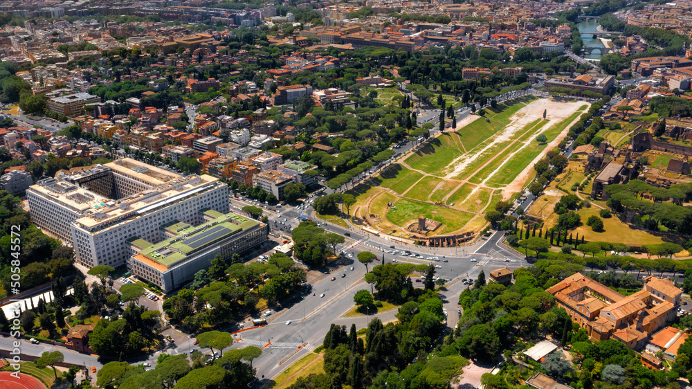 Aerial view of Circus Maximus, an ancient Roman chariot-racing stadium ...