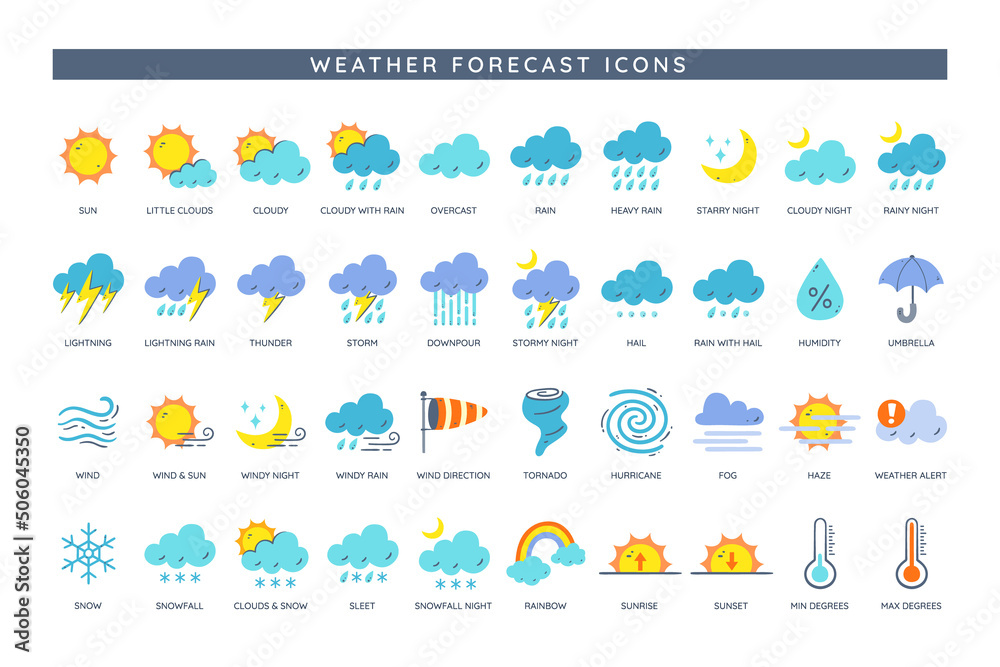 Image vectorielle Stock Weather icons. Weather forecast icon collection. 50 colorful icons with ...
