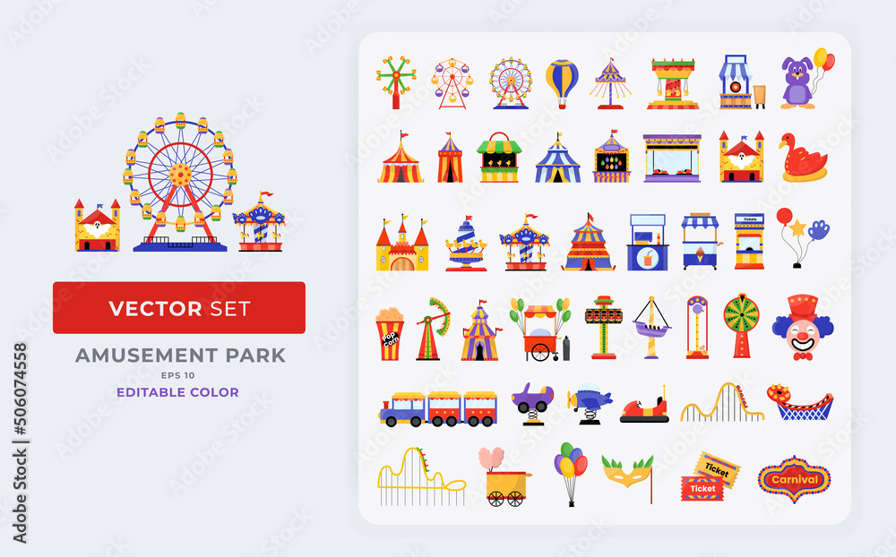Vetor Amusement park vector set Illustration. Colorful objects with ...