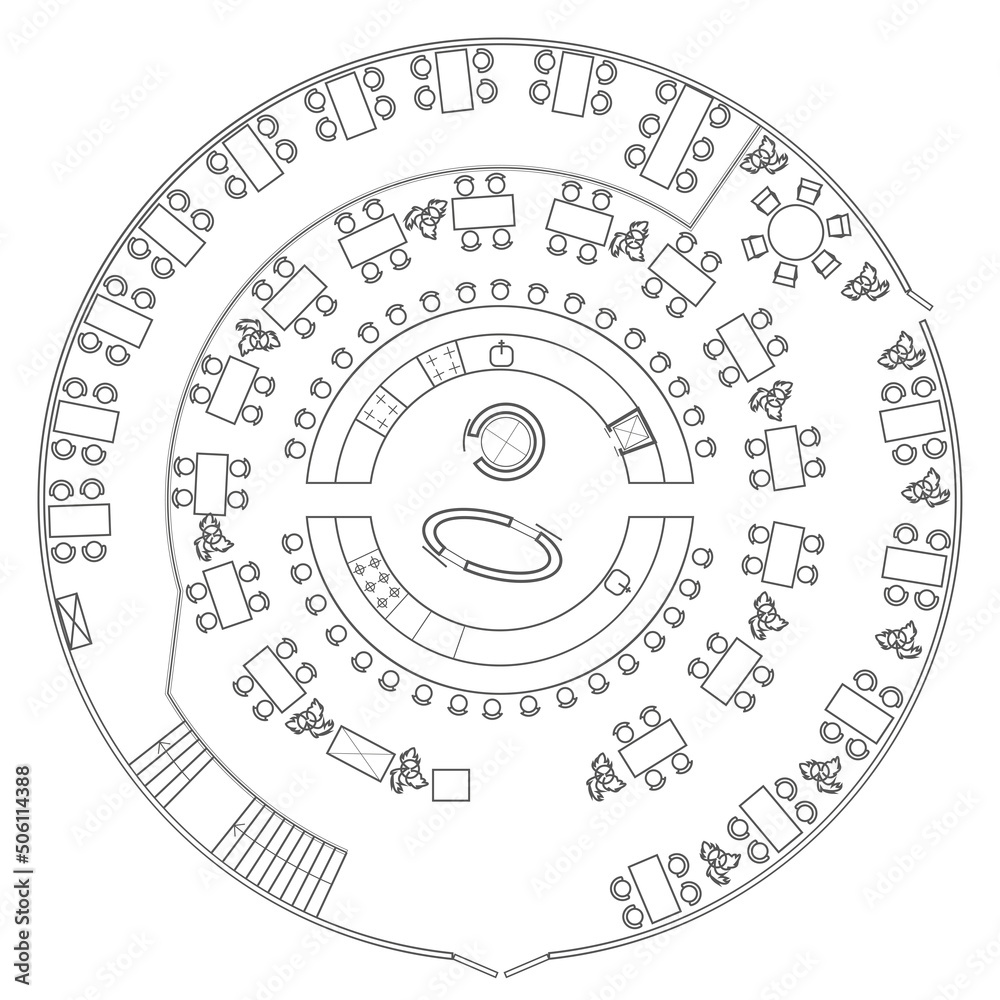 Linear technical sketch round restaurant with open kithen plan on white ...