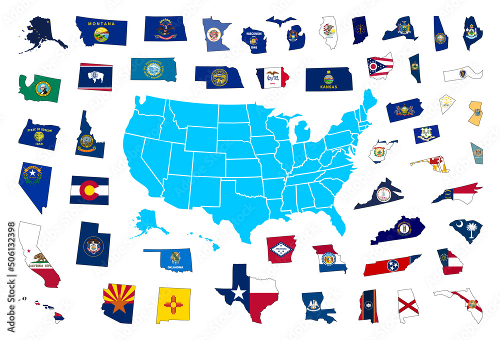 Blue map of United States of America with borders, enclosed into frame ...