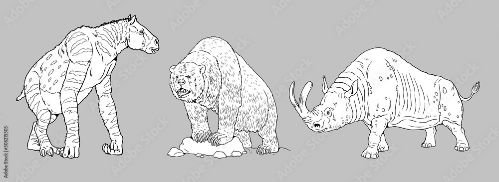Prehistoric animals - Chalicotherium, cave bear and Megacerops. Drawing ...