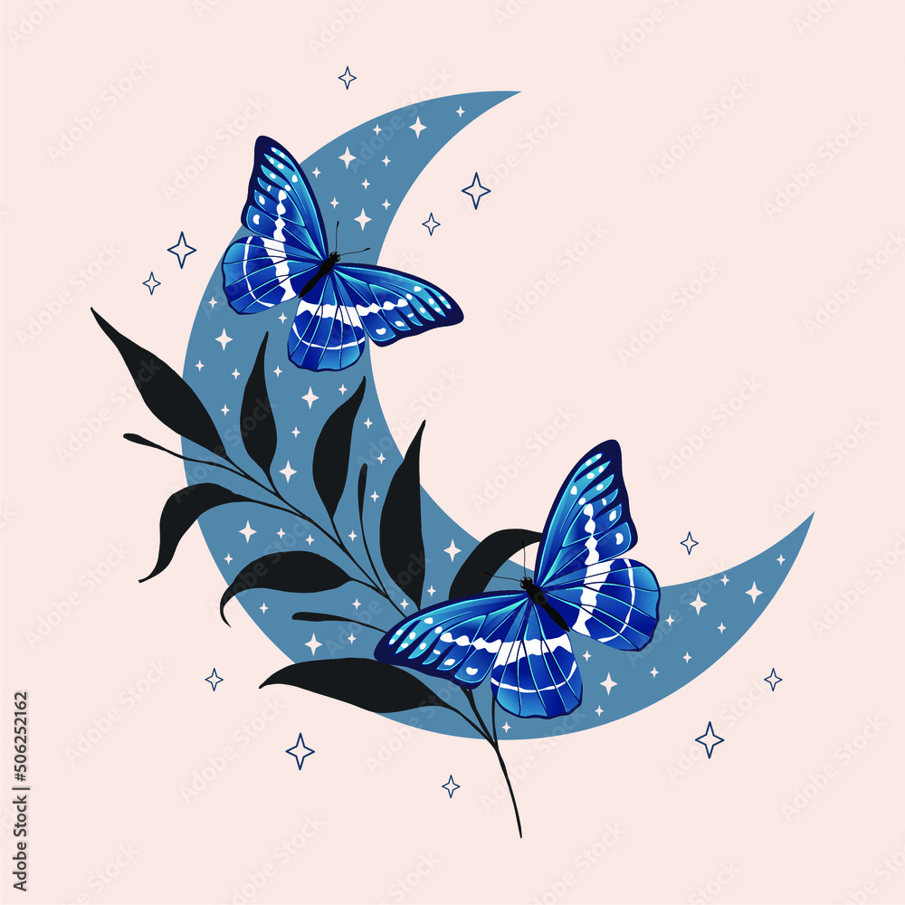 Vector illustration with butterfly and moon. Boho art print. Modern ...
