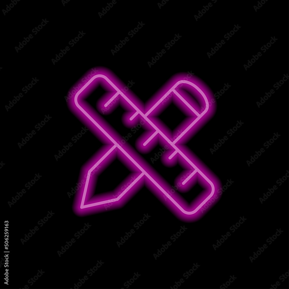 Ruler, pen simple icon vector. Flar design. Purple neon style on black ...