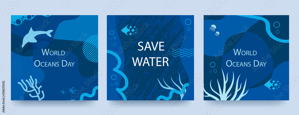 World oceans day poster set with blue background, liquid shapes and ...