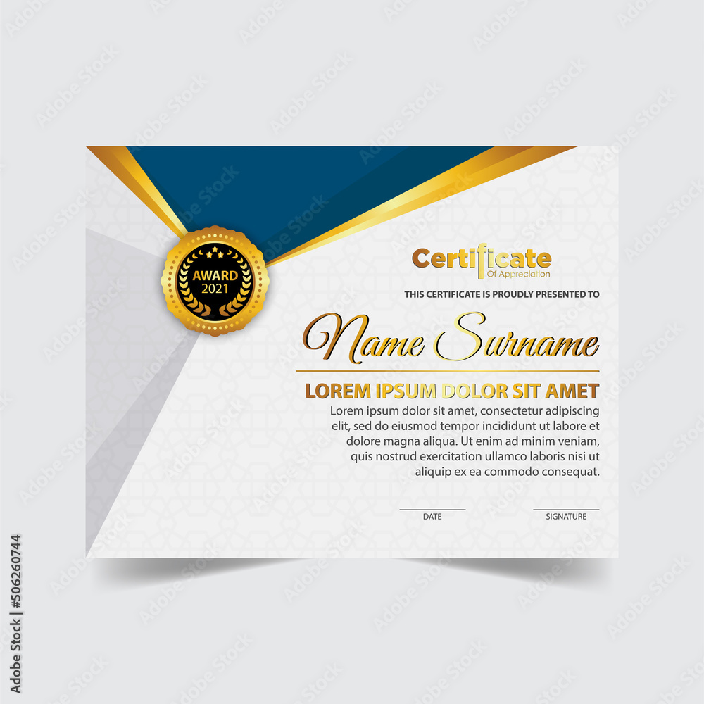 Award template certificate, gold color and gradient. Contains a modern ...