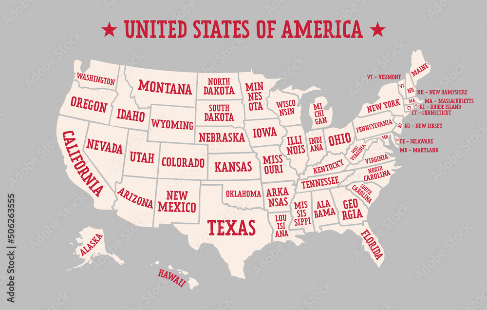 Light orange map of United States of America with borders of the states ...