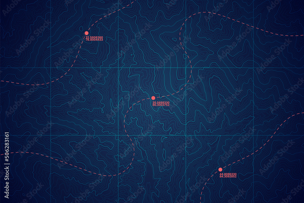 Seabed Topography Vector Topographic Map With Routes And Coordinates ...