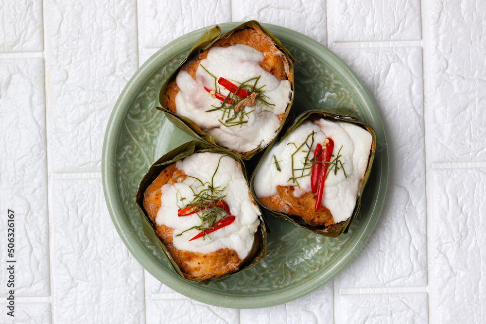 Cultural Thai food recipe, Steamed curry fish wrapped in banana leaves ...