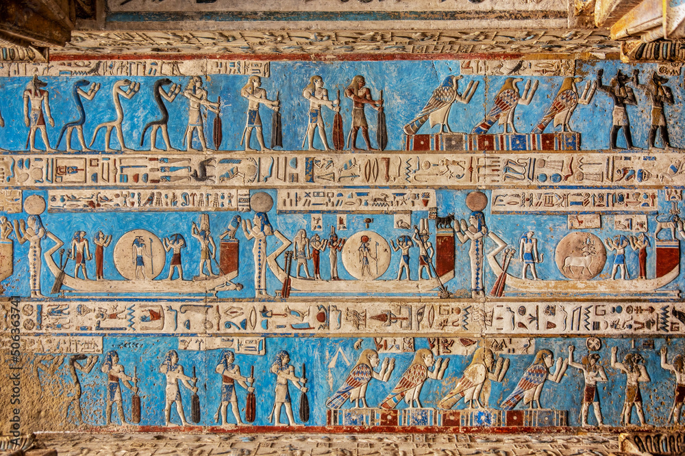 Hieroglyphic carvings and paintings on the interior walls of an ancient egyptian temple Stock ...