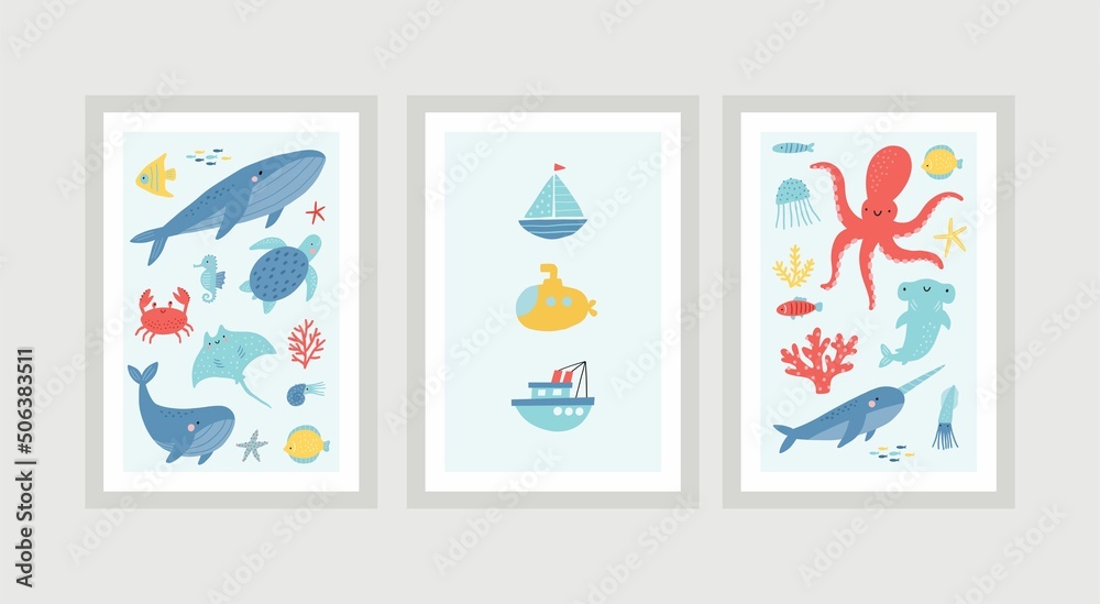 Cute cartoon undersea world. Deep Ocean or sea with fish, octopus, crab ...