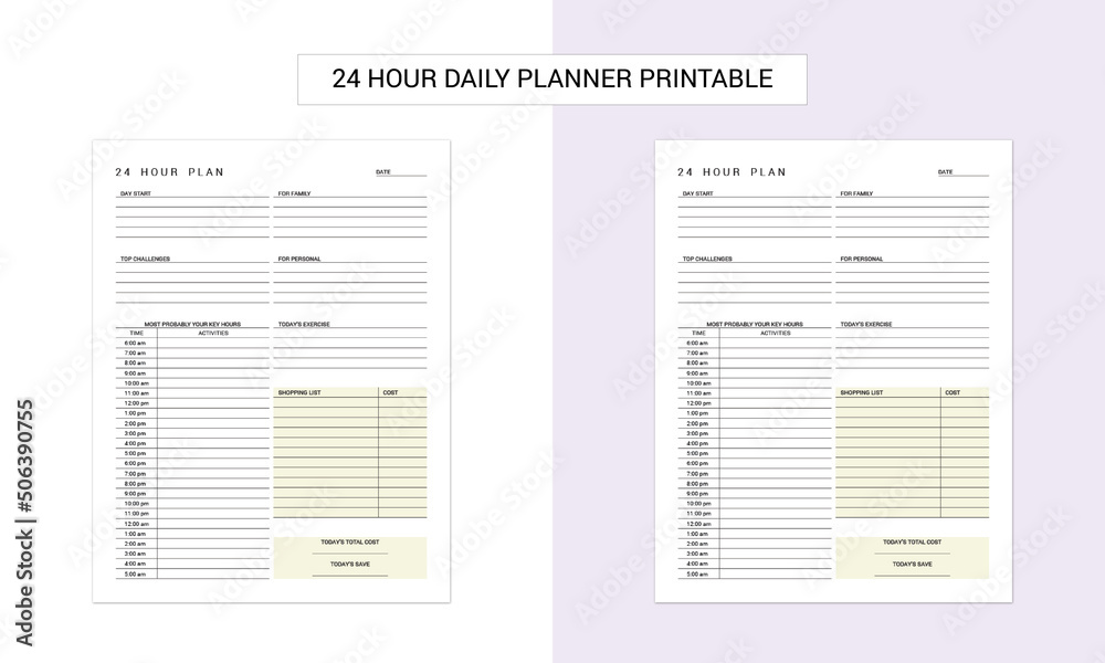 24 Hour Daily Planner Printable Stock Vector | Adobe Stock