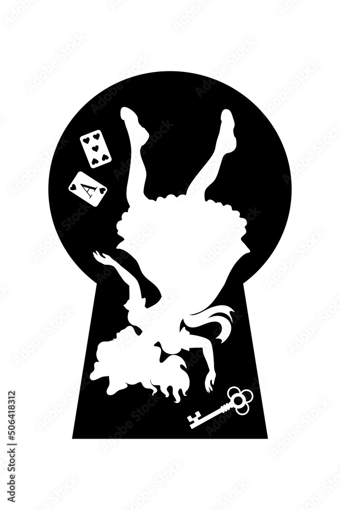 Alice falls down the rabbit hole through the keyhole. Vector ...