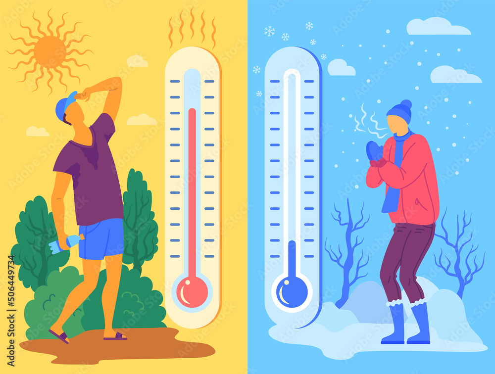 Cartoon Color Characters People with Outdoor Temperature Thermometers ...
