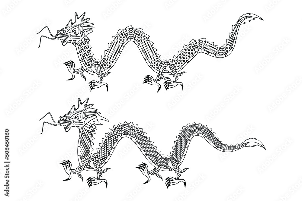 2 types of Chinese dragon or loong long or lung drawing in black and ...