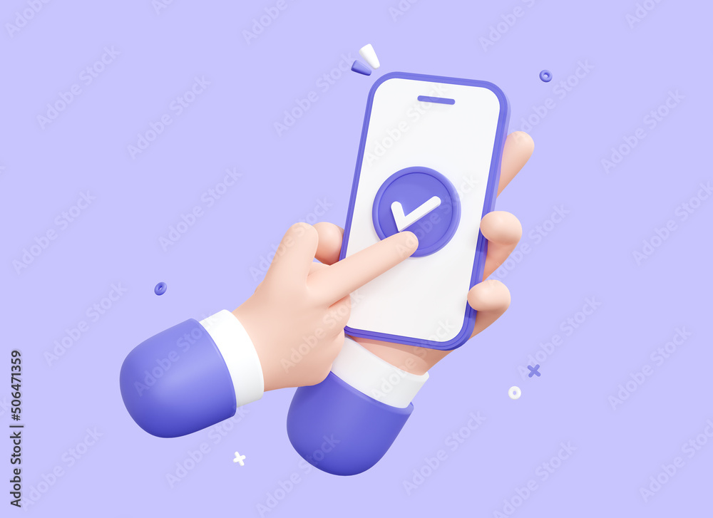 3D Hand holding mobile phone with Check mark. Tick on smartphone screen. Character finger ...
