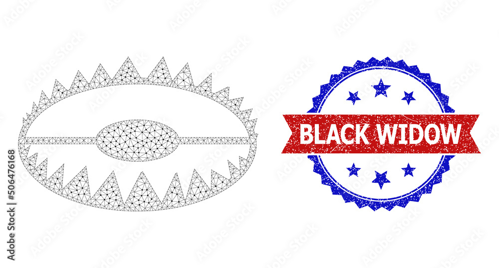 Mesh trap wireframe icon, and bicolor scratched Black Widow seal stamp ...