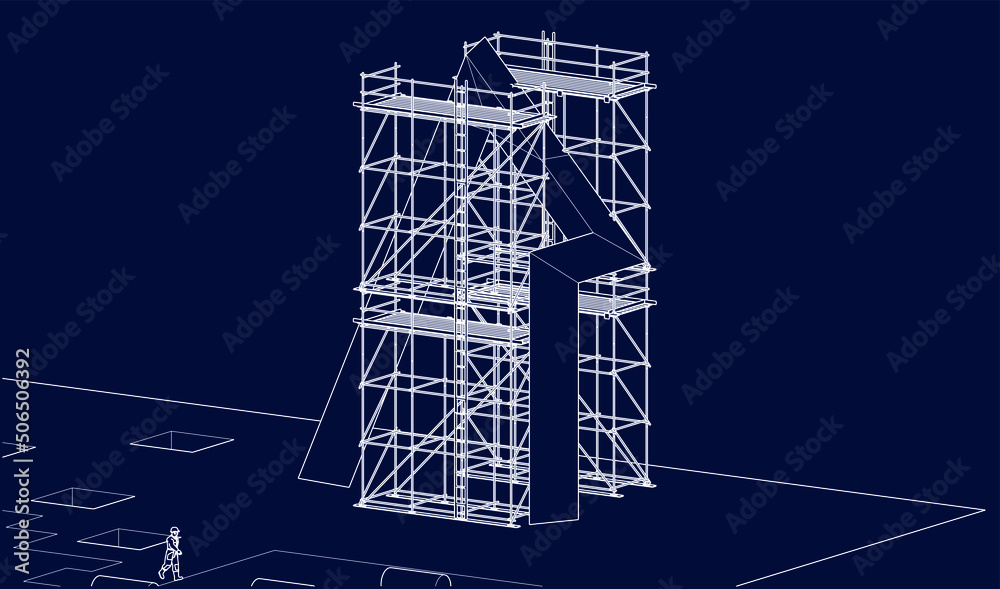 under construction with scaffolding architecture 3D illustration line ...