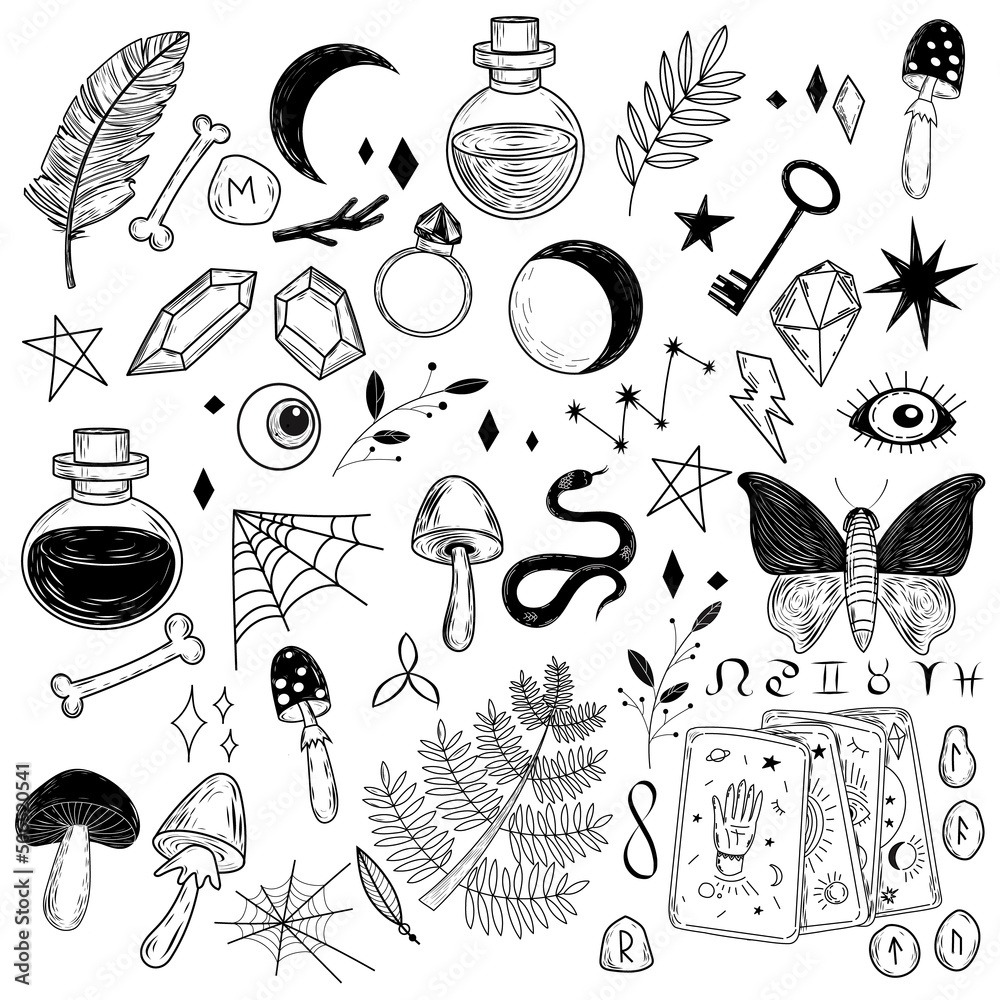 Magical illustrations. Witch magic design elements set. Occult elements ... Magical illustrations. Witch magic design elements set. Occult elements ...