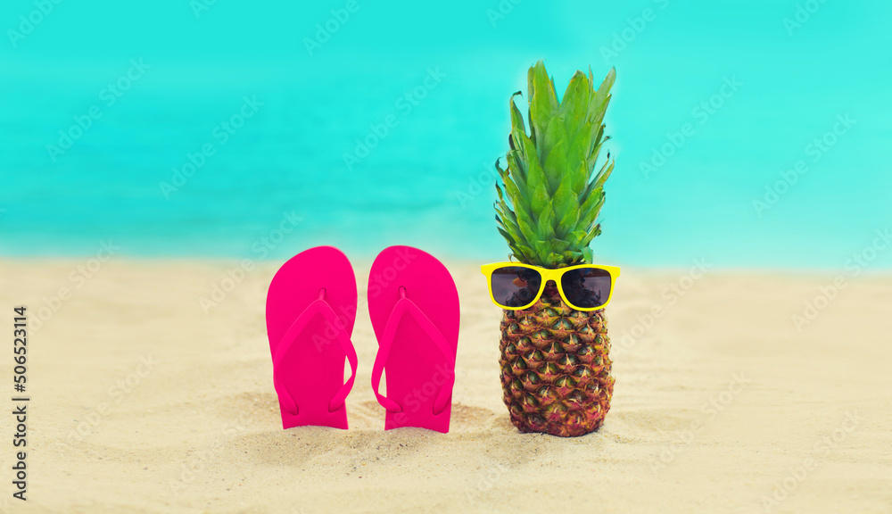 Summer vacation concept - pineapple with sunglasses and colorful flip ...