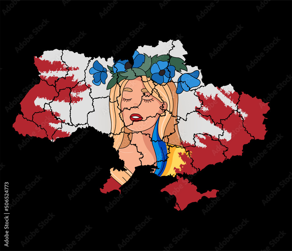 Banner with a Ukrainian sad girl. A young woman and a map of Ukraine ...