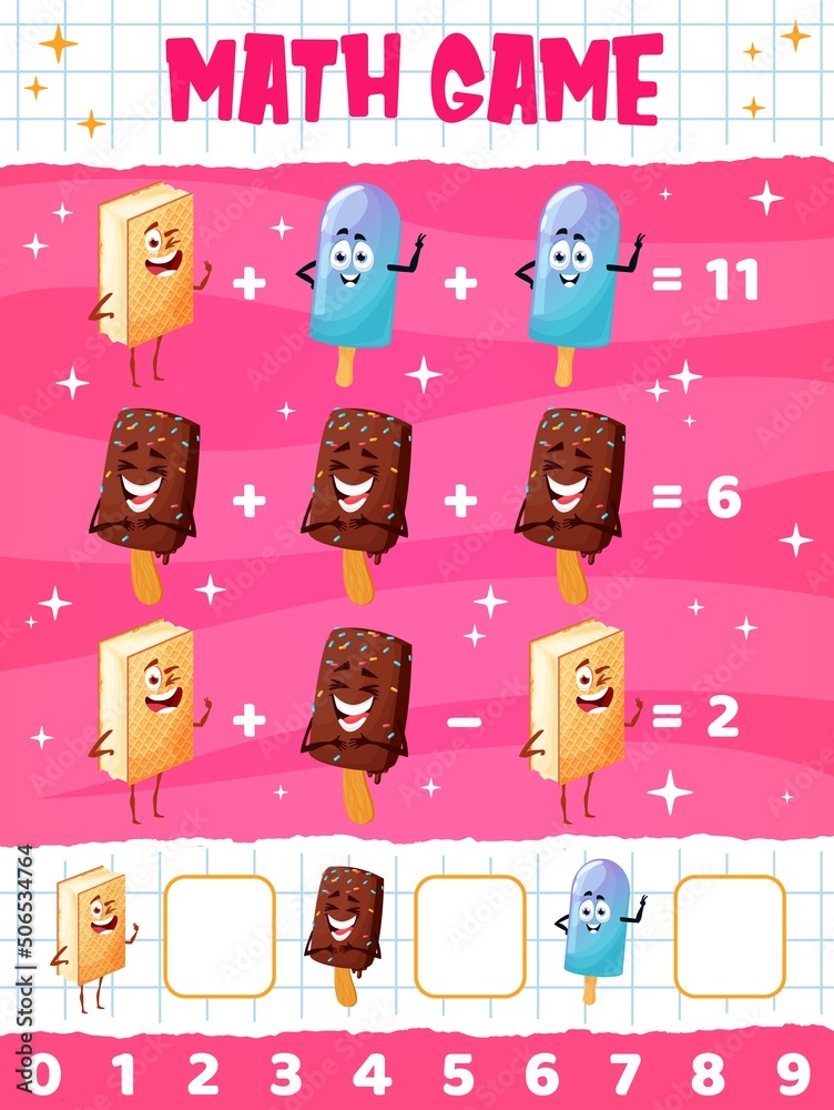 Cartoon funny ice cream dessert characters math game worksheet. Vector ...