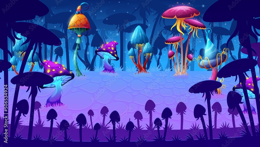 Magic mushrooms in fairy forest game level landscape. Cartoon vector ...