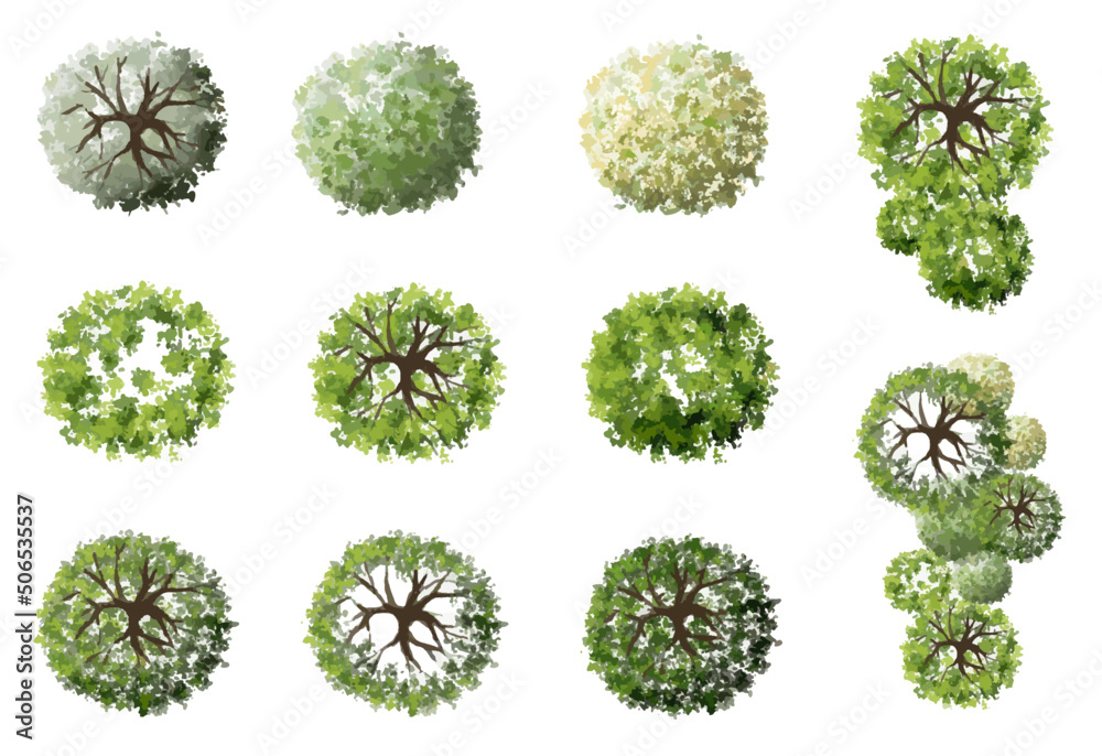 Vector green tree top view isolated on white background for landscape ...