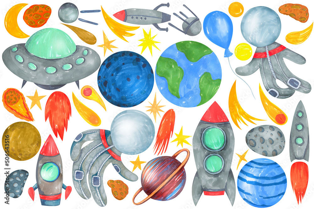 Watercolor Space Clipart. Spaceman Spaceship Planet Stars Stock ...