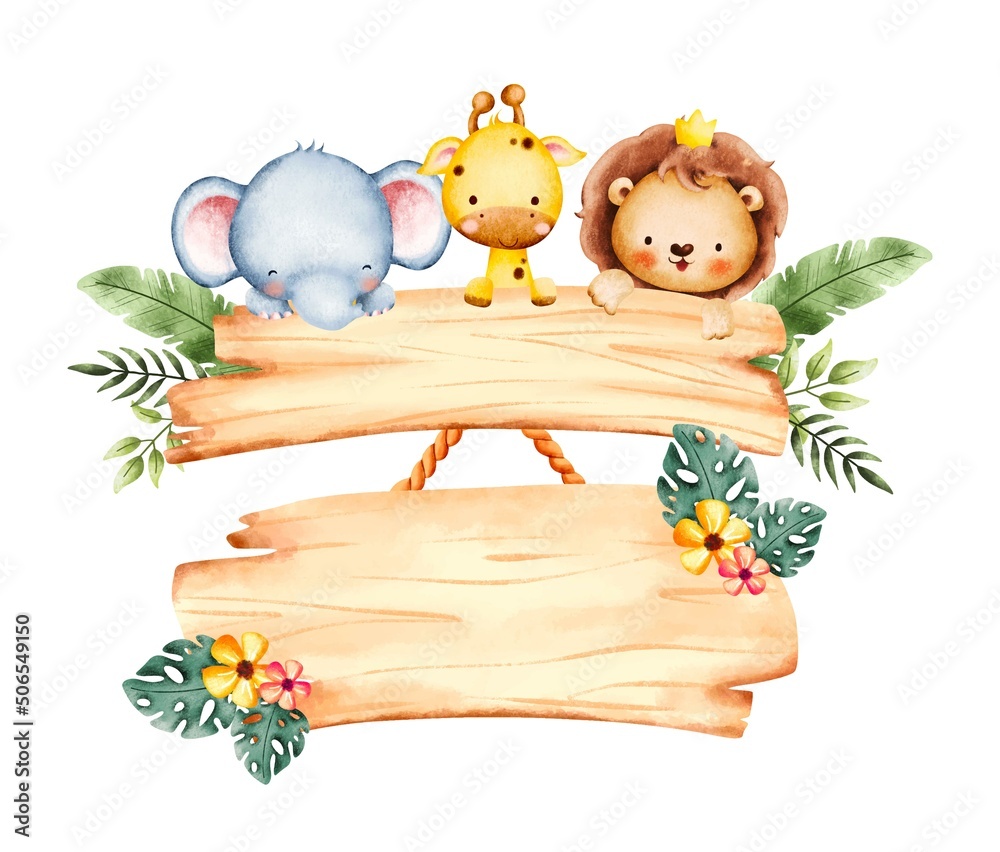 Watercolor Illustration Cute Baby Animal Frame template Stock Vector ...