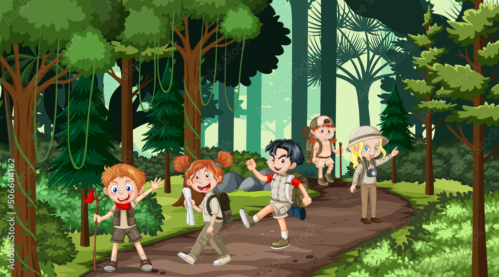 Children hiking in the forest Stock Vector | Adobe Stock