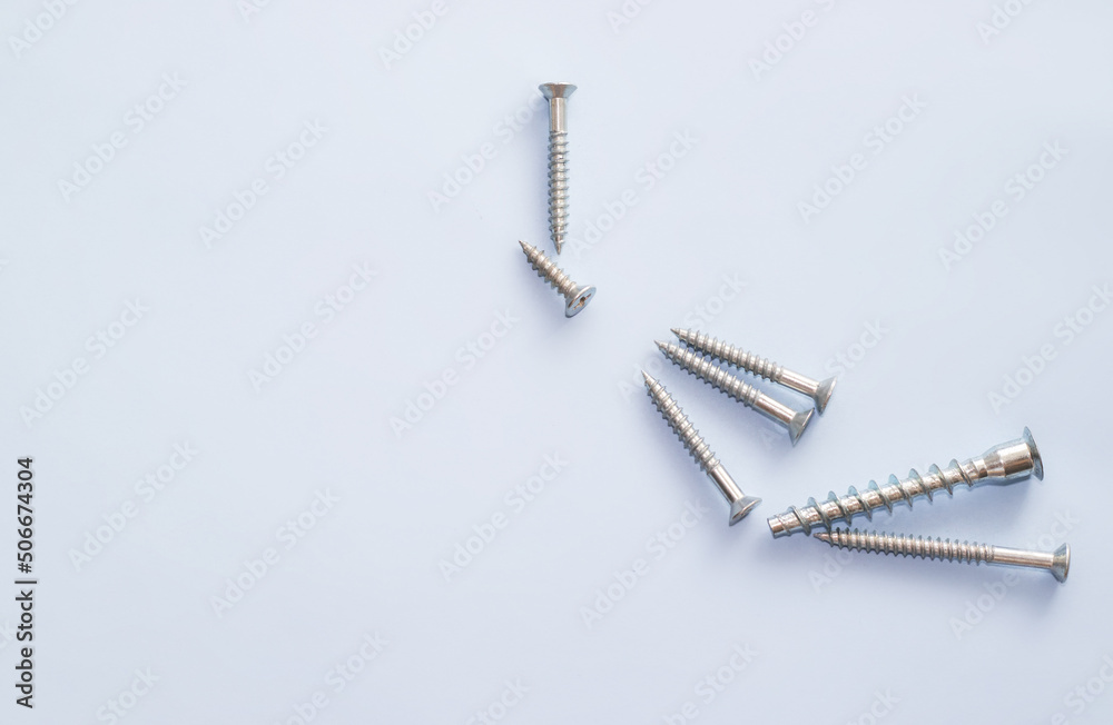 screw different sizes in a row on light blue background. Stainless ...
