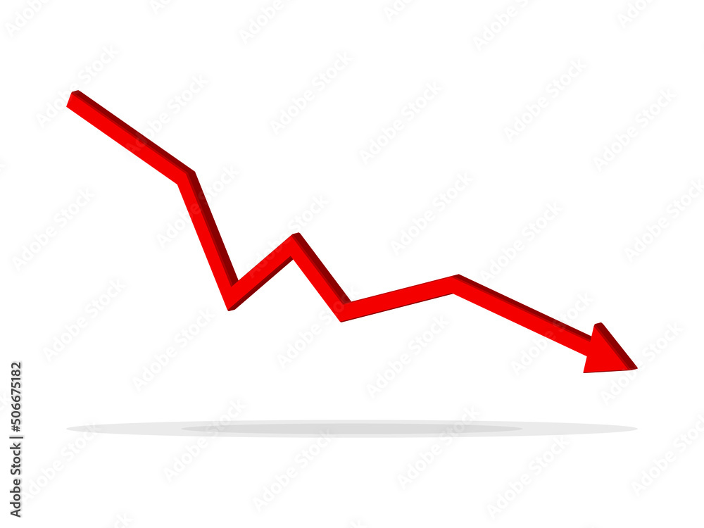 Red arrow going down stock icon on white background. flat style. Bankruptcy, financial market ...