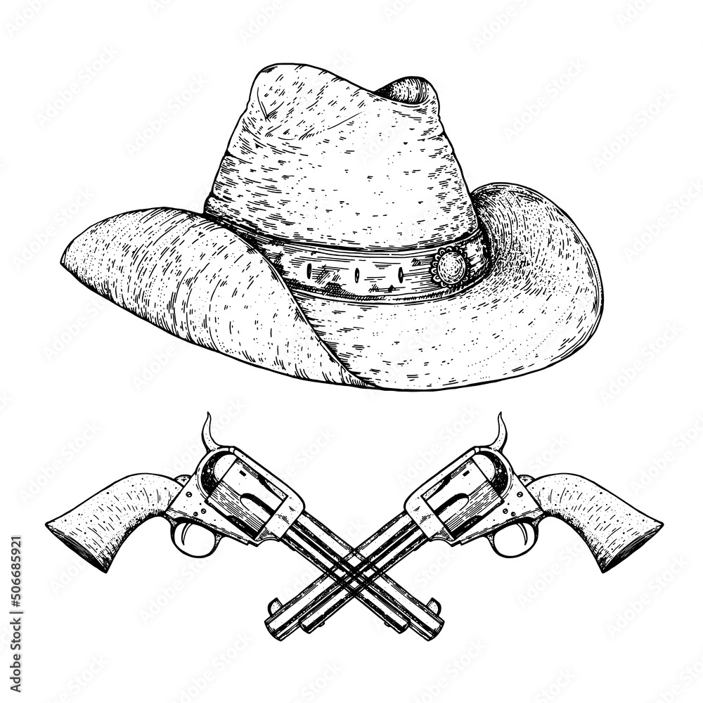 Hand drawn revolvers and cowboy hat vector illustration. Guns sketch ...