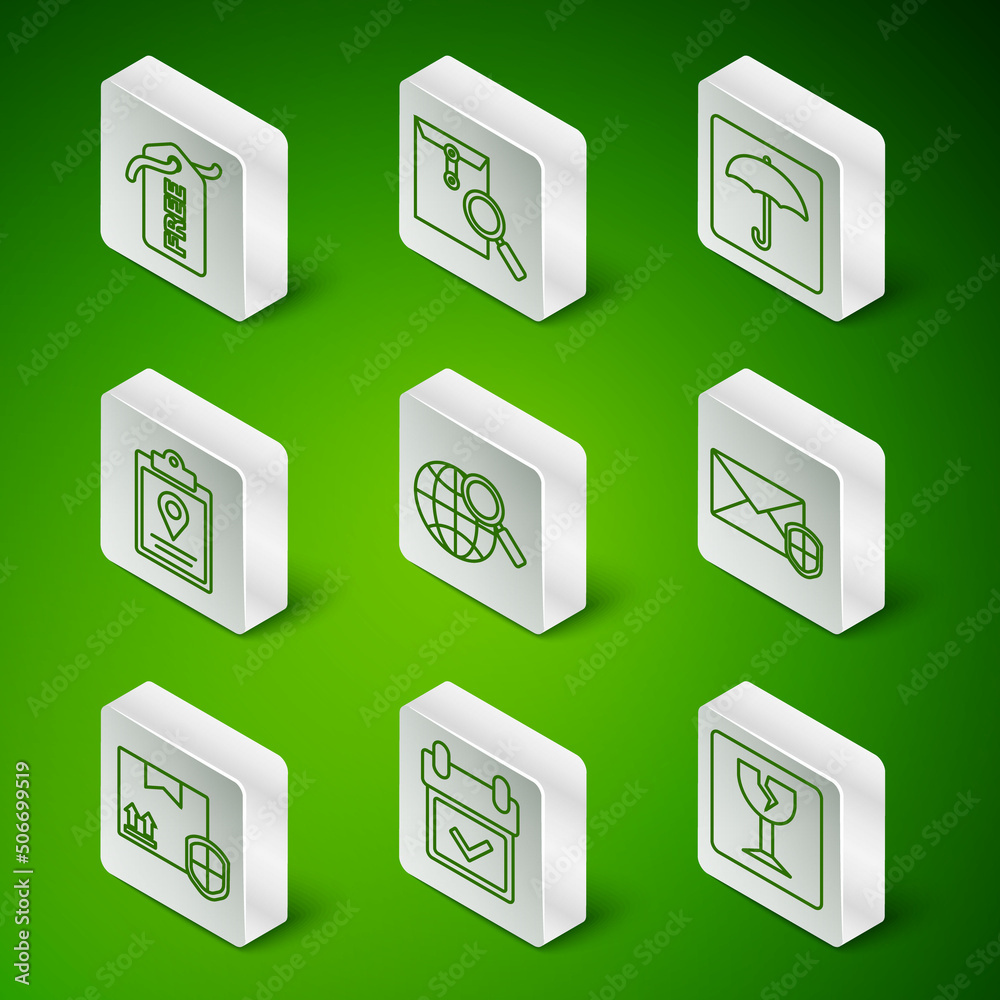 Set line Fragile broken glass, Calendar with check mark, Price tag Free, Magnifying globe ...