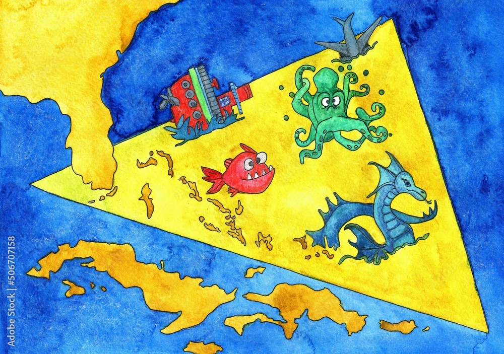 watercolor drawing of the Bermuda triangle. A hand-drawn geographical ...