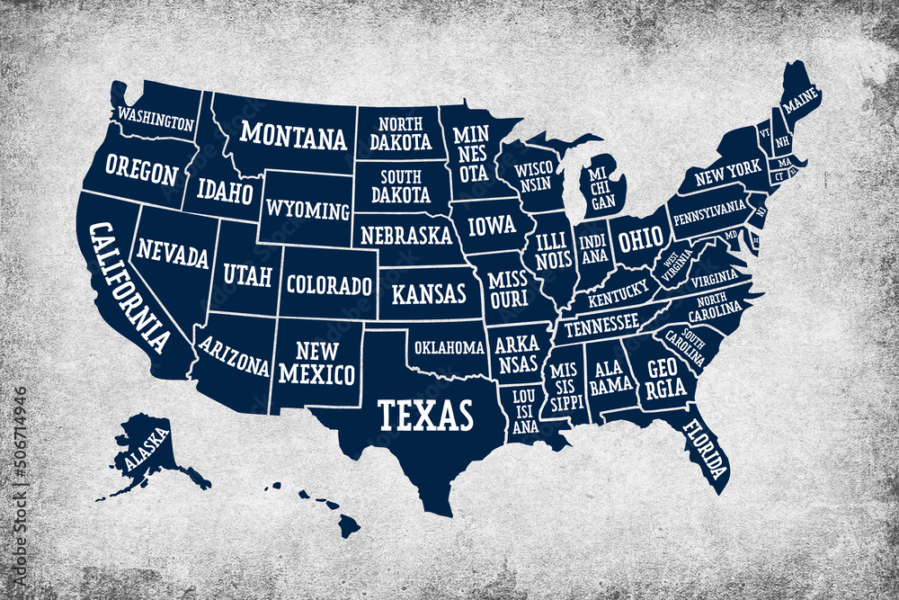 Blue USA map with borders of the states and names on grunge background ...