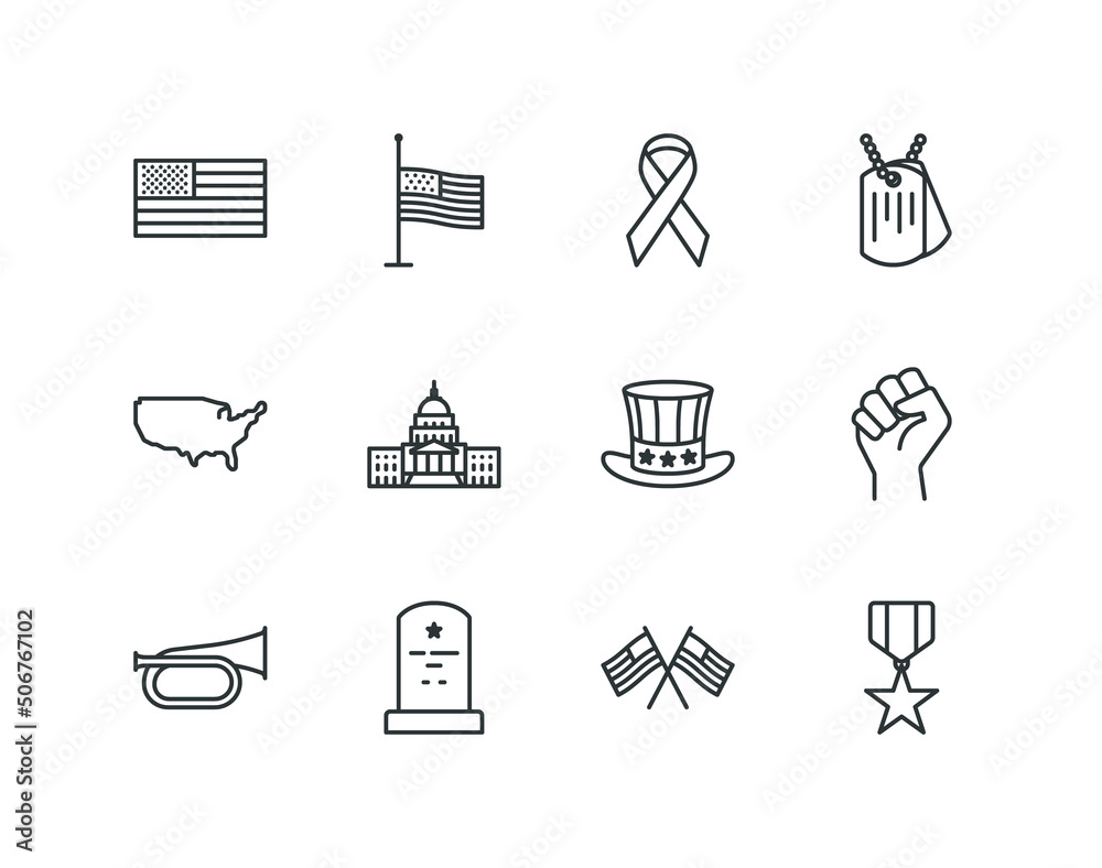 Memorial day and veterans day outline icon set with flag and military ...
