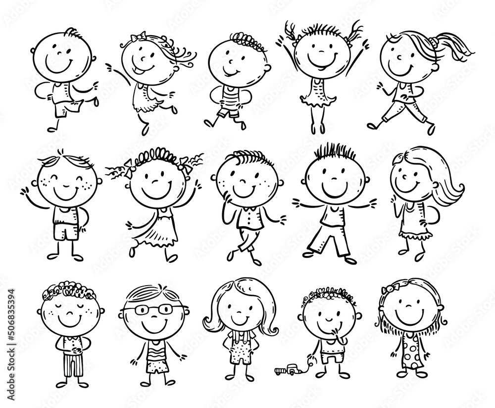 Set of outline stick figure, happy kids clipart illustration Stock ...