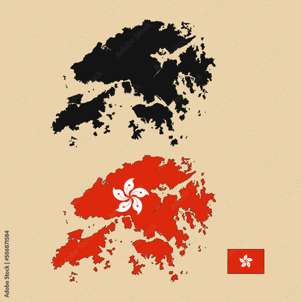 Vector of Hong Kong country outline map with flag set isolated on plain ...
