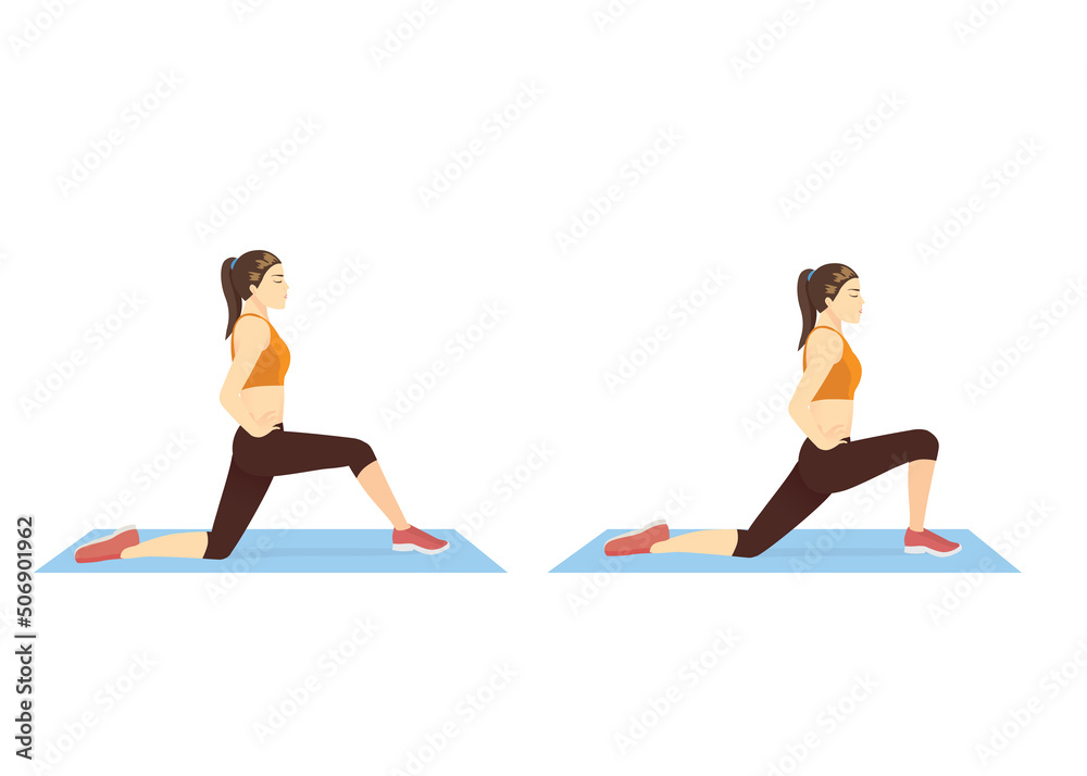 Women doing Hip Flexor Stretch pose for exercise. in 2 steps ...