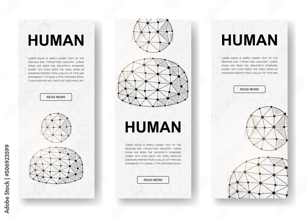 Set of three User avatar polygonal vertical banners. 3d Profile low ...