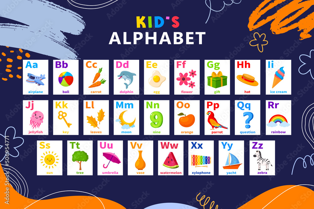Cartoon English alphabet for children. English letters A to Z with ...