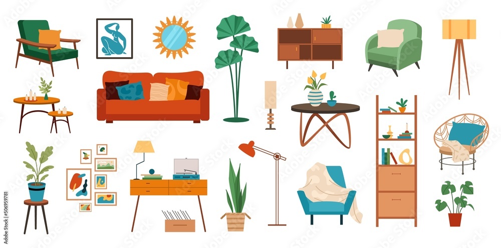 Set of home furniture and interior decor. Soft sofa, armchairs, coffee ...
