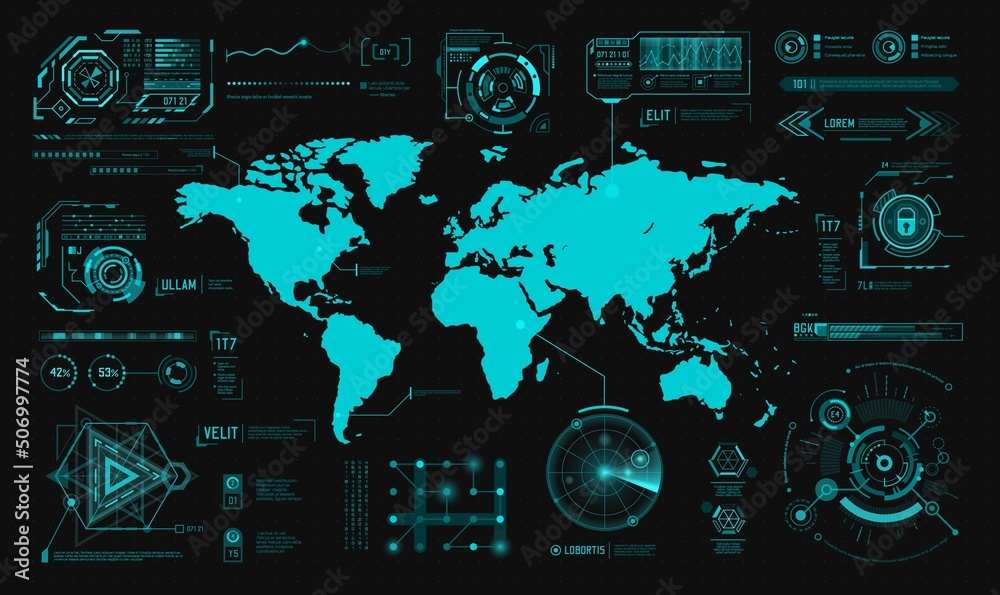HUD hologram interface, earth digital map infographic charts and graphs ...