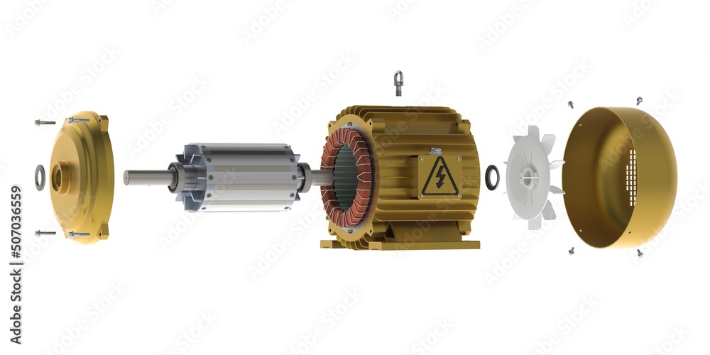 Electric generator with permanent rotor magnets, exploded view, 3D ...